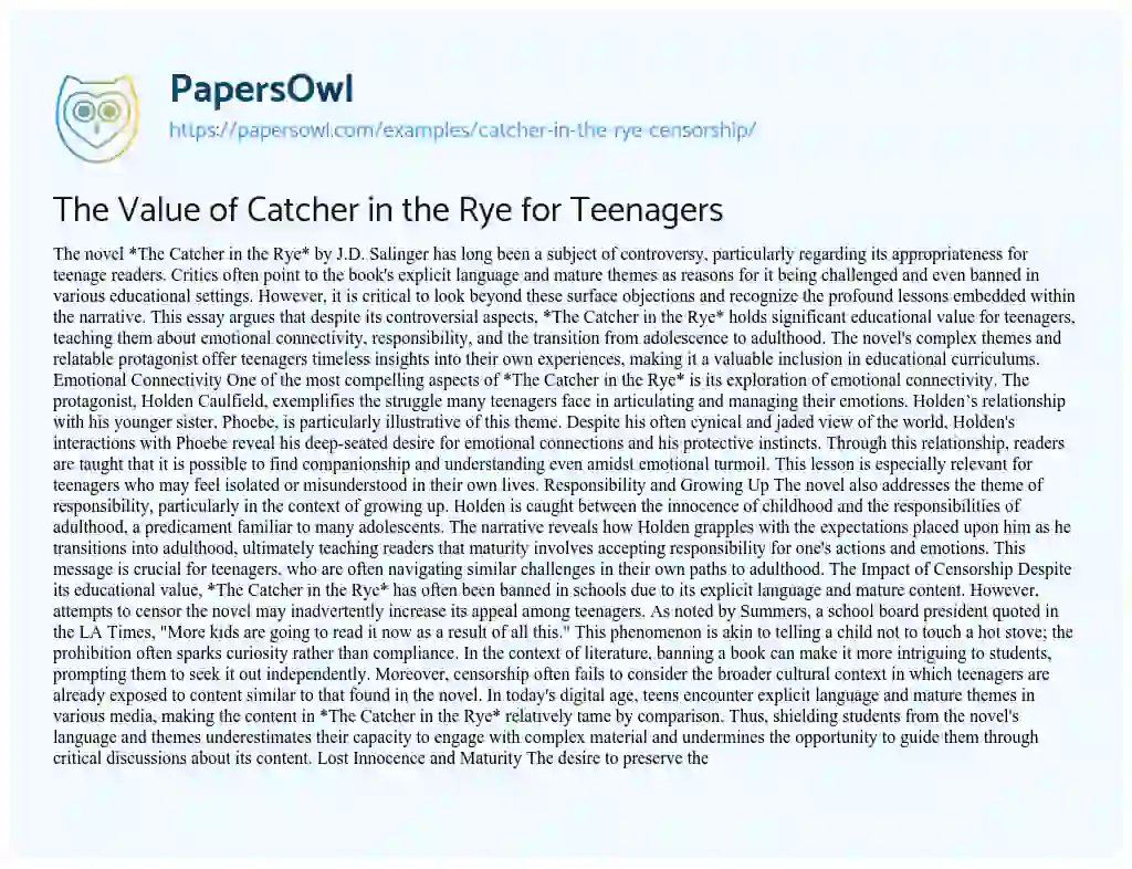 Catcher in the Rye Censorship - Free Essay Example - 999 Words ...