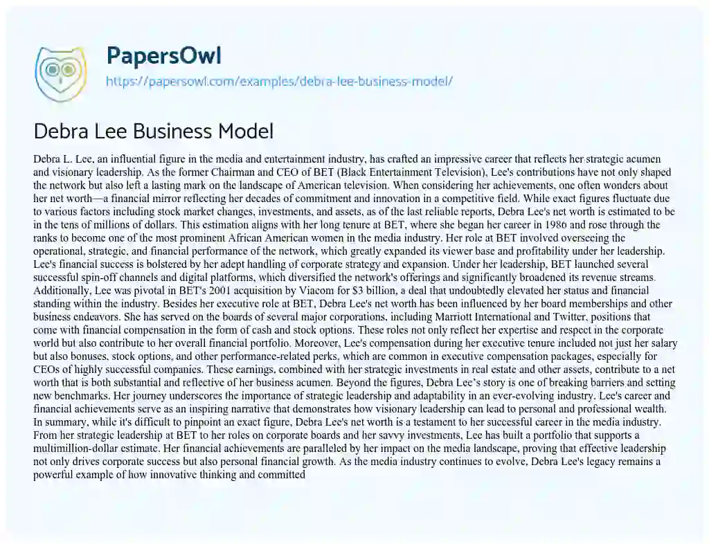 Debra Lee Business Model - Free Essay Example - 529 Words | PapersOwl.com