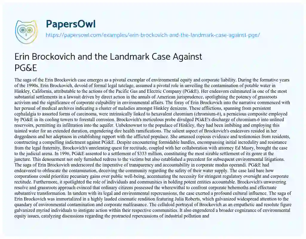 Erin Brockovich and the Landmark Case Against PG&E - Free Essay Example - 630 Words | PapersOwl.com