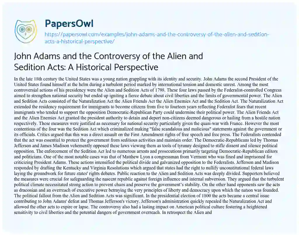 John Adams and the Controversy of the Alien and Sedition Acts: A ...