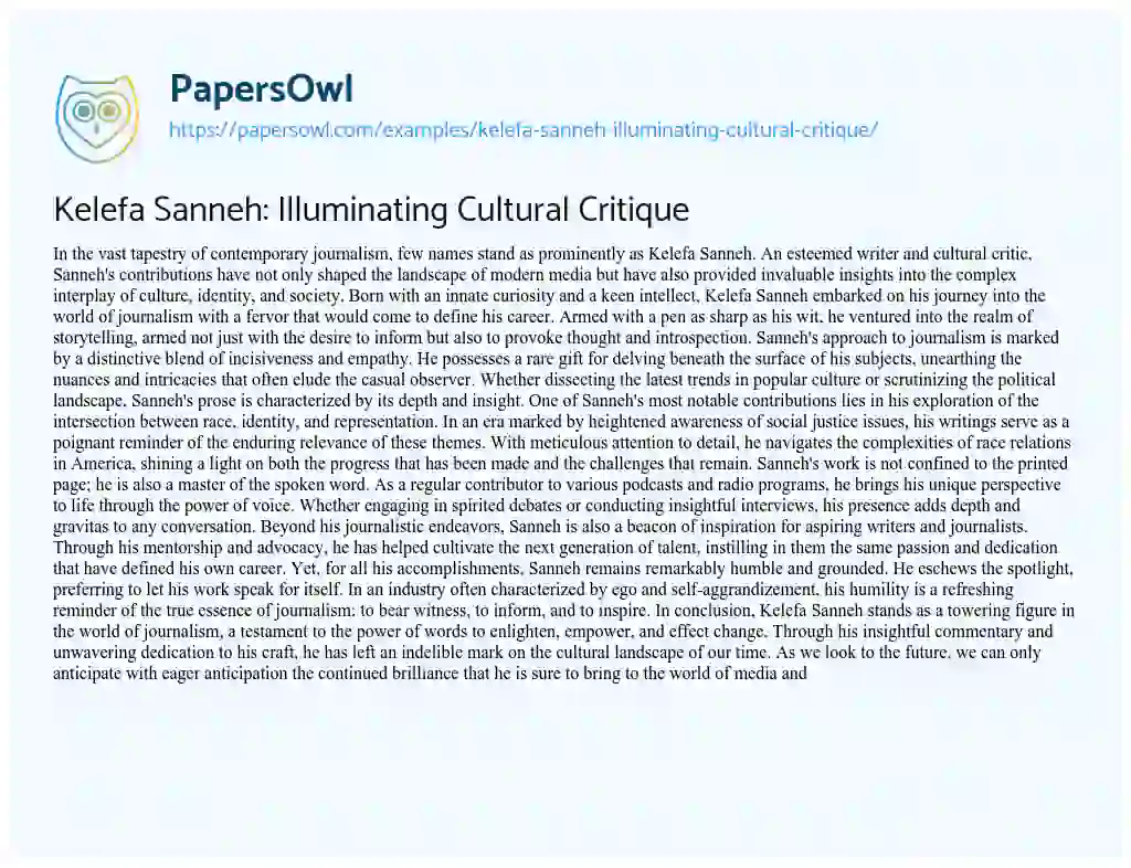 Kelefa Sanneh: Illuminating Cultural Critique - Free Essay Example ...