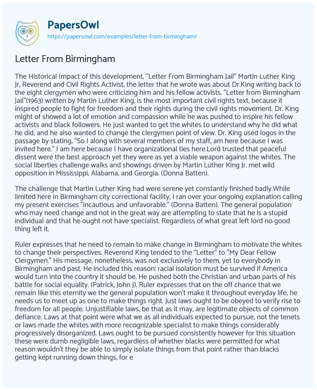 Letter From Birmingham - Free Essay Example - 1009 Words | PapersOwl.com