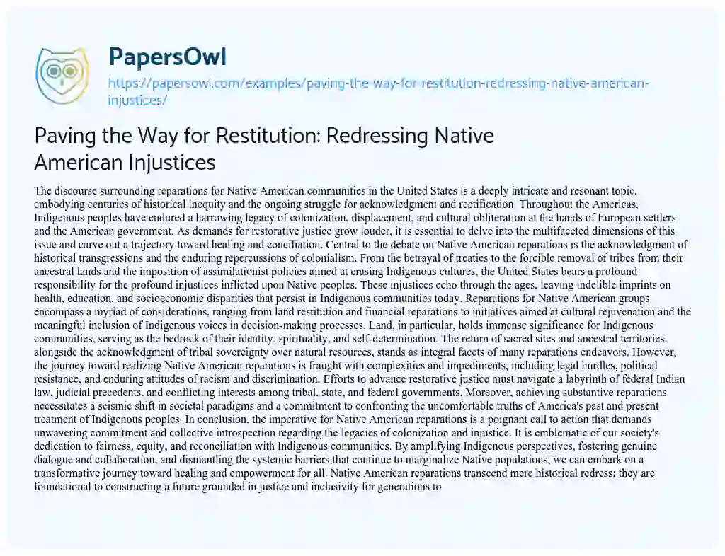 Paving the Way for Restitution: Redressing Native American Injustices ...