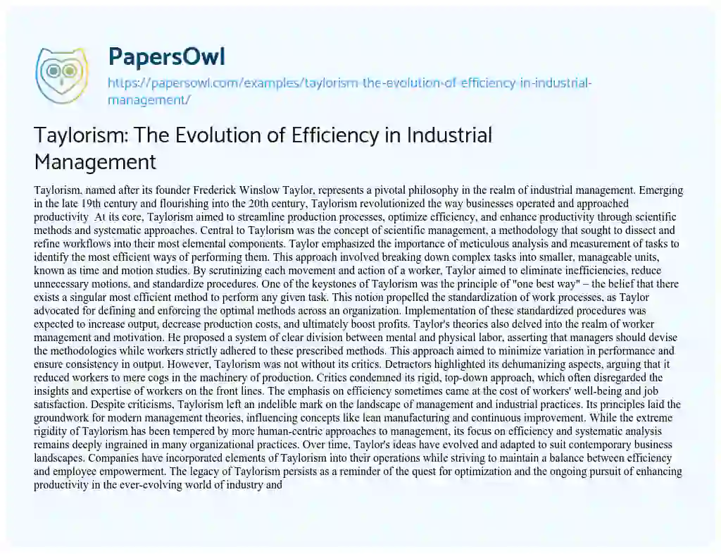Taylorism: The Evolution of Efficiency in Industrial Management - Free ...