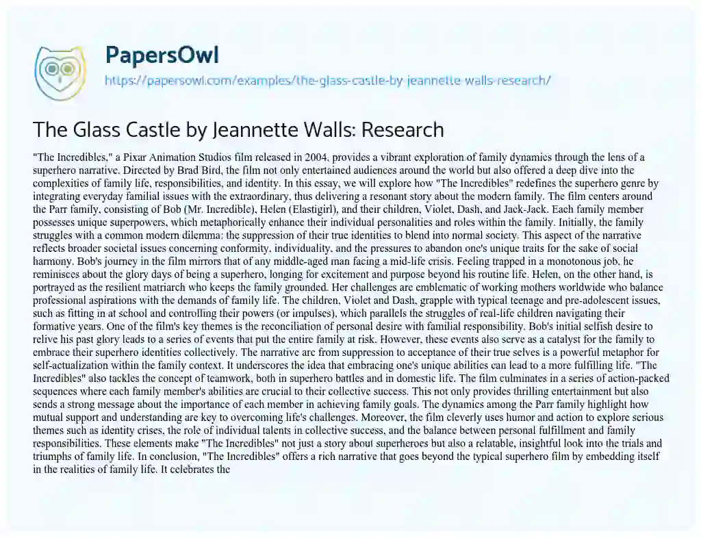 The Glass Castle by Jeannette Walls: Research - Free Essay Example ...