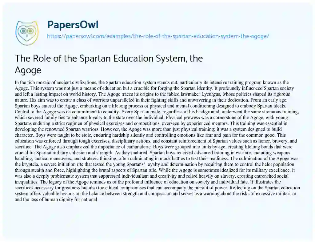 The Role of the Spartan Education System, the Agoge - Free Essay ...