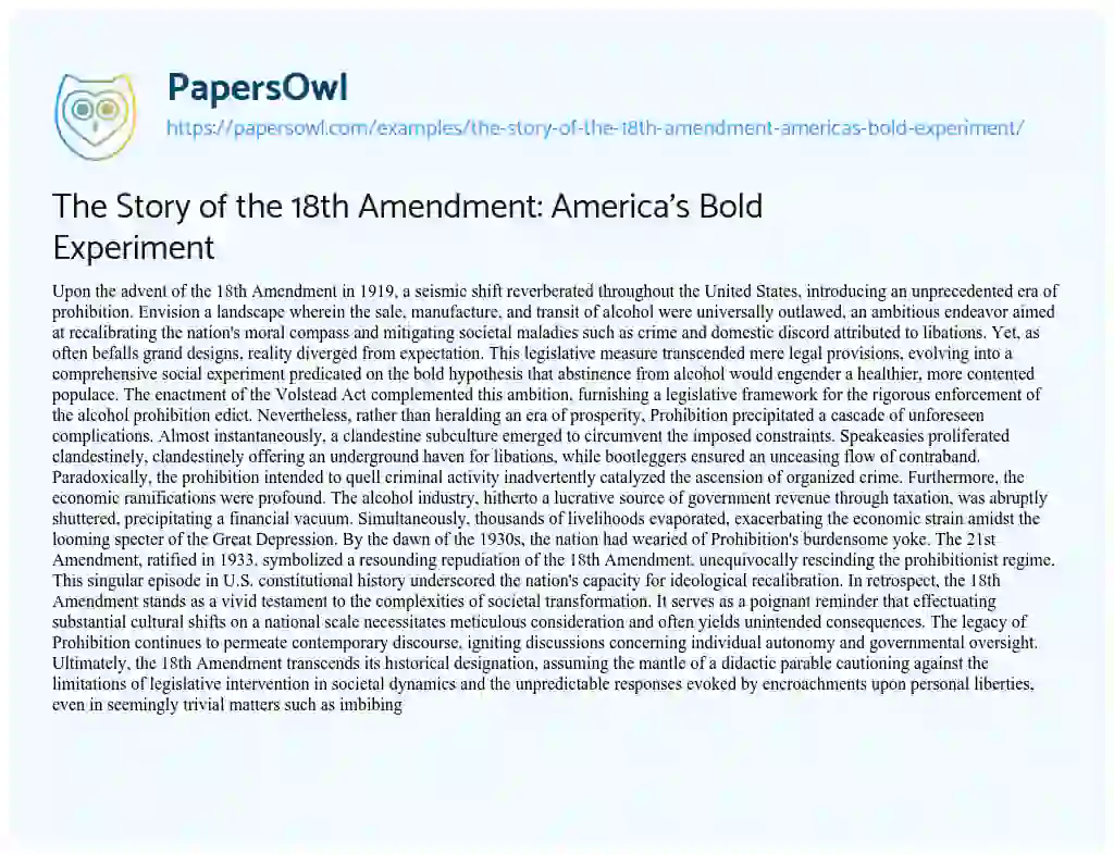 The Story of the 18th Amendment: America's Bold Experiment - Free Essay ...