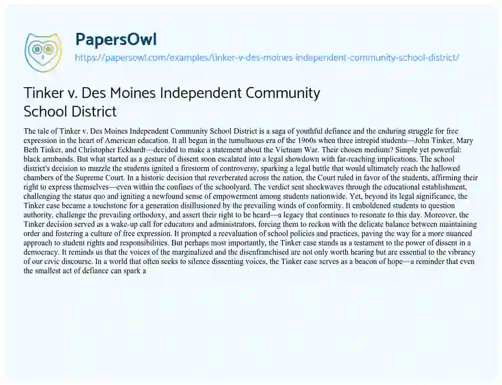 Tinker v. Des Moines Independent Community School District - Free Essay ...