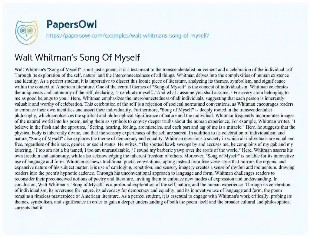 Walt Whitman's Song Of Myself - Free Essay Example - 534 Words ...