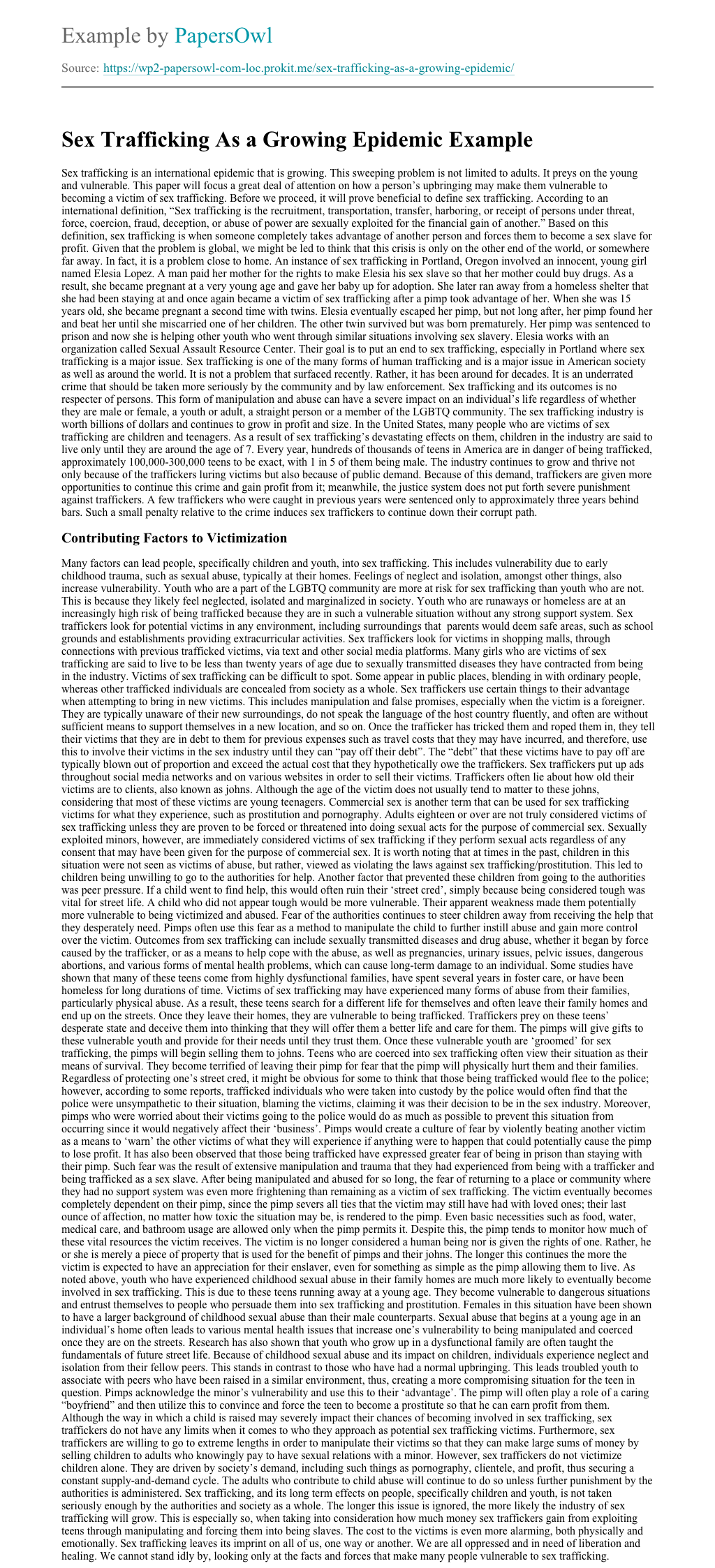 Sex Trafficking As A Growing Epidemic Free Essay Example